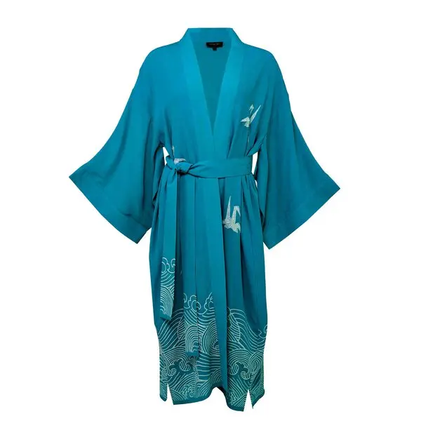 ARTEMIS MUSE Origami & Hokusai Wave Embroidered Fully Lined Deep Teal Long Kimono - Blue