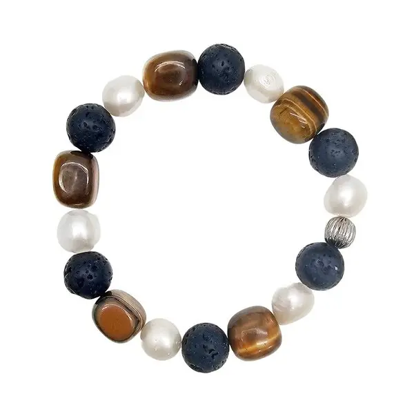 FARRA Tiger-eye With Black Lava Stone And Pearls Bracelet - Brown