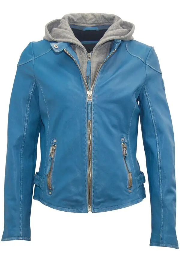 Mauritius Leather Moto Jacket Removable Hood Finja Lagoon - Blue