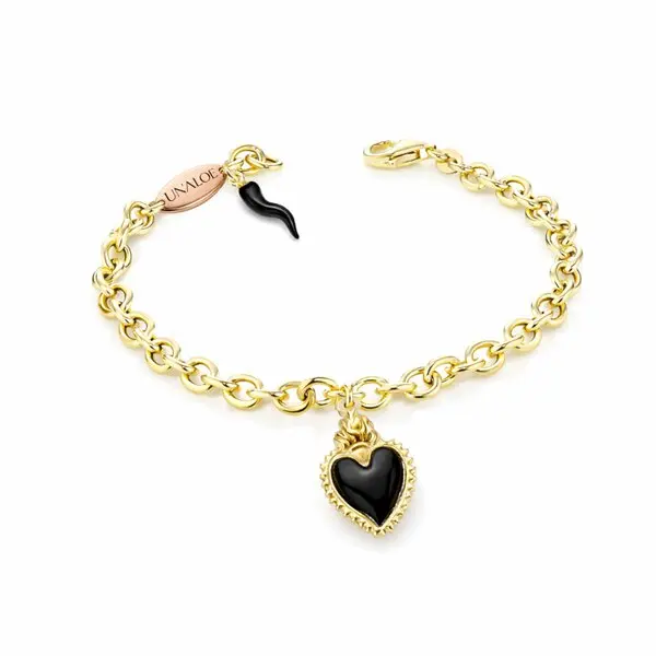 UNALOE Gold / Black Gold-plated Sterling Silver Bracelet With Black Heart & Black Cornicello – Luxury Protective Jewelry - Gold/black