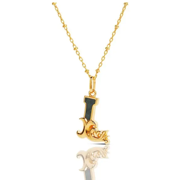 KASUN LONDON Plated L Initial Necklace With Green Marble - Gold