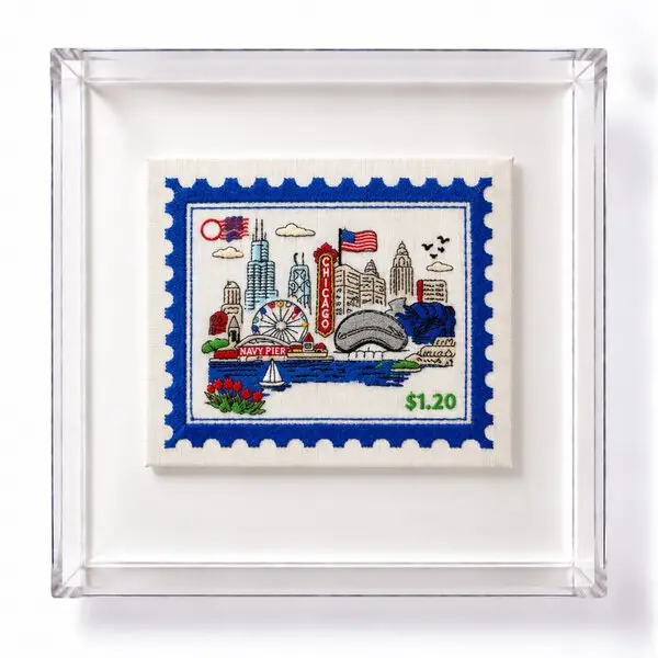 LILLY LOVES Chicago Embroidered Postage Stamp - Blue/gold/grey