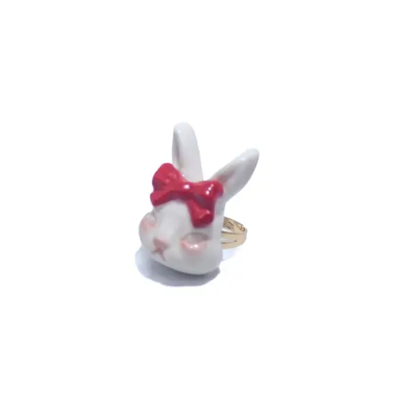 H2 STUDIO Grumpy Bunny Bow Tie 14k Gold Plated Brass Ring - Red
