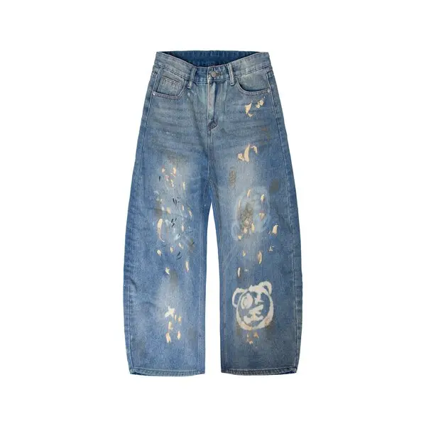 X ILONA BLUE Blue / White Universal Fit Graffiti Teddy Bear Custom Denim Barrel Jeans - Blue/white