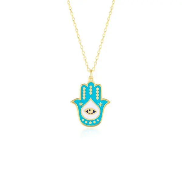 SPERO LONDON Authentic Turquoise Color Hamsa Hand Necklace Sterling Silver - Gold
