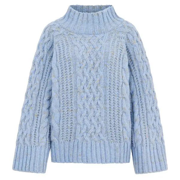 CARA & THE SKY Sarah High Neck Cable Wide Sleeve Jumper - Blue