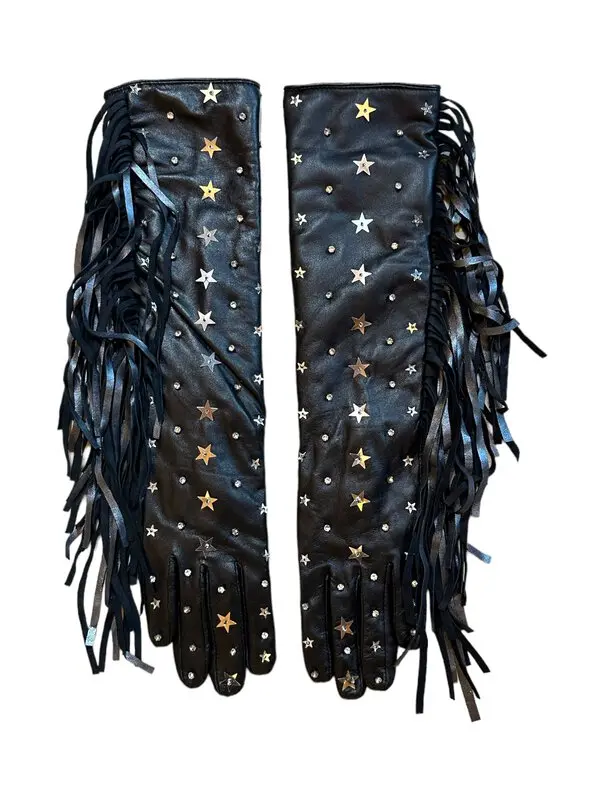ANY OLD IRON Wild West Sequin & Fringe Leather Gloves - Black
