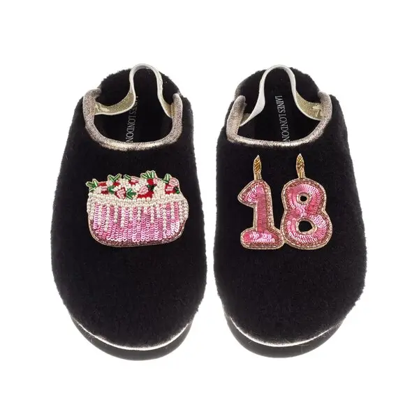 LAINES LONDON Gold / Black Flatform Cloud Closed Toe Slippers With 18th Birthday & Cake Brooches Black - Gold/black