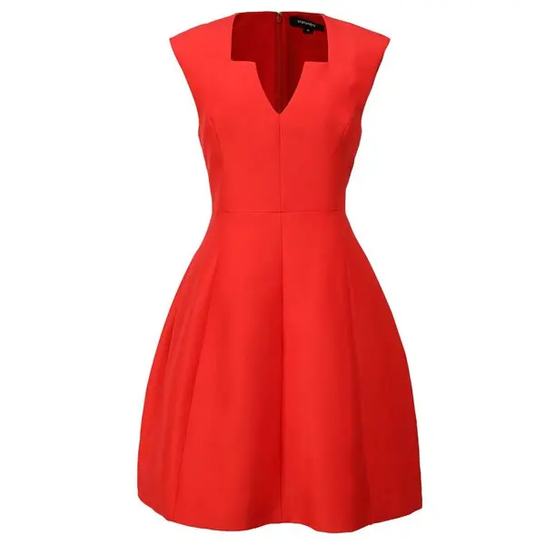 SMART AND JOY Fit-and-flare Satin Short Dress Square V Neckline - Red