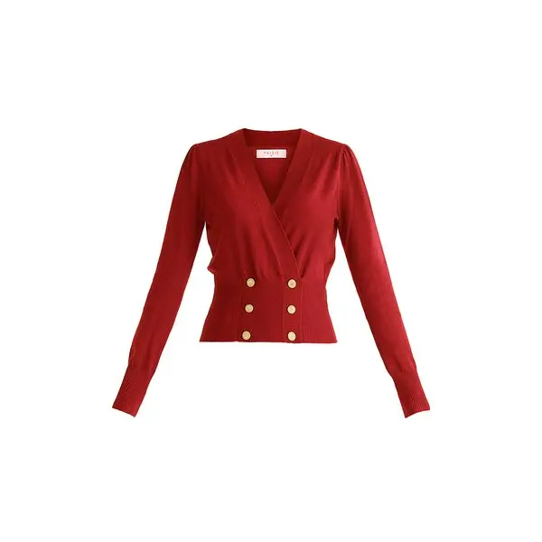PAISIE Long Sleeve Knitted Button Wrap Top - Red