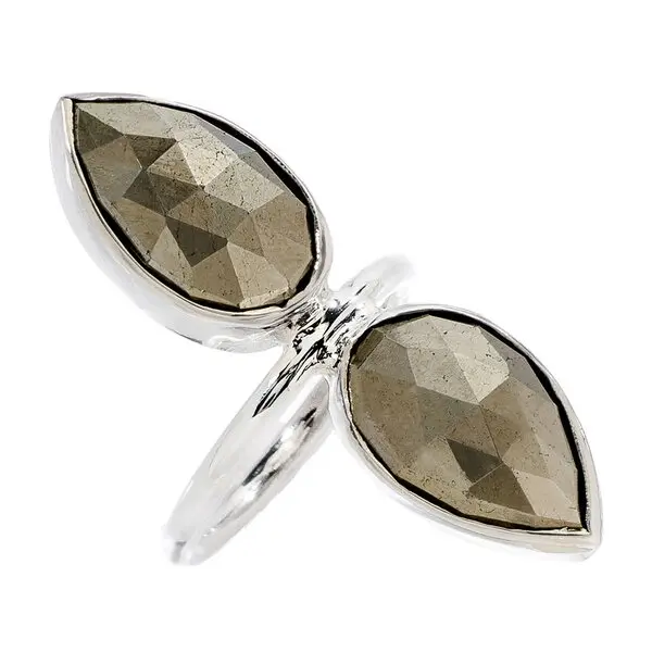 HEATHER HAWKINS Double Lotus Beauty Semi-precious Custom Cut Gemstone Ring Sterling Silver Pyrite - Gold