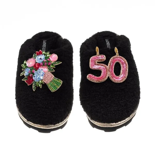 LAINES LONDON Teddy Closed Toe Slippers With 50th Birthday & Flowers Brooches - Black