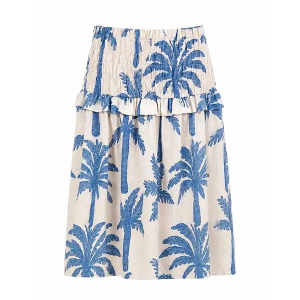 Carmen Says Elios Palm-printed Smocked Linen Midi Skirt - Blue