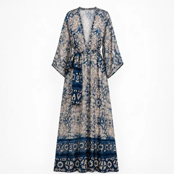 NUVV COLLECTION Porcelain Print Sheer Kimono Cover-up - Blue