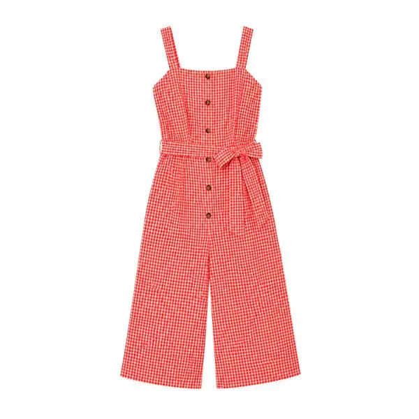 YUMI Gingham Button Through Jumpsuit - Red