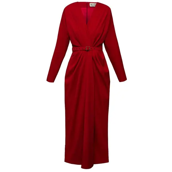 ALINA CERNATESCU Amaris Cocktail Draped Midi Dress With Textile Belt - Red