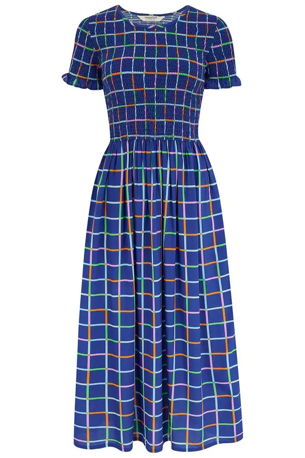 SUGARHILL BRIGHTON Zamira Shirred Midi Dress Matchstick Check - Blue