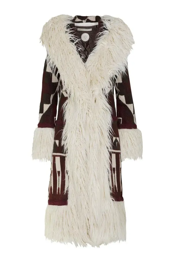 THE EXTREME COLLECTION Long Alpaca Coat Maroon Odeta With Ethnic Jacquard And Curly Fur - Eed
