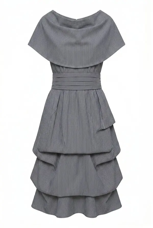 ATOM LABEL Cowl Hitch Dress In Denim Stripe - Blue