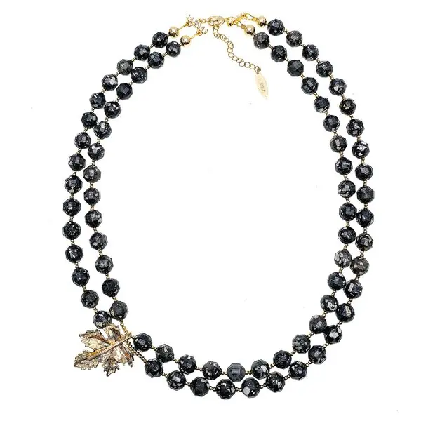 FARRA Double Layers Snowflake Obsidian With Maple Leave Pendant Necklace - Black