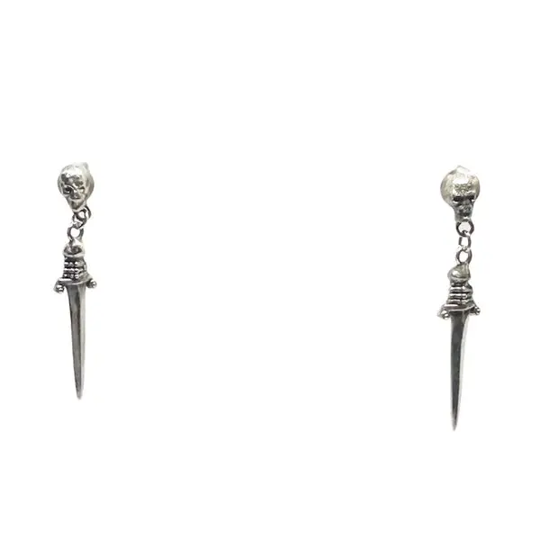 TG-JEWELLERY BY TAMARA GERVASIO Silver / Black Handmade Skull Dagger Dangle Earrings – Recycled Sterling Silver - Silver/black
