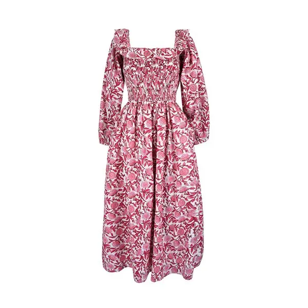 ECHO OF PINK Portia Smoked Hand Block Print Cotton Floral Midi Dress - Pink