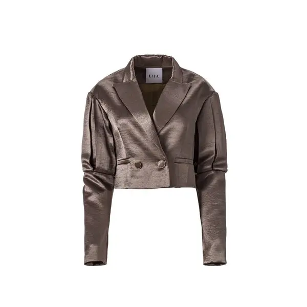 LITA COUTURE Grey / Silver Statet Cropped Blazer In Liquid Silver - Grey/silver