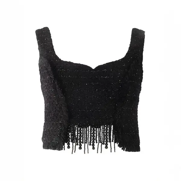 SOLGO ATELIER Tia Sleeveless Crop Top In Shimmering Tweed Bouclé With Beaded Fringes - Black