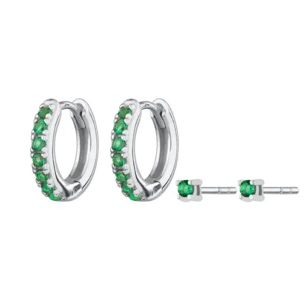 SCREAM PRETTY Green Stone Huggie & Tiny Stud Earring Set - Silver