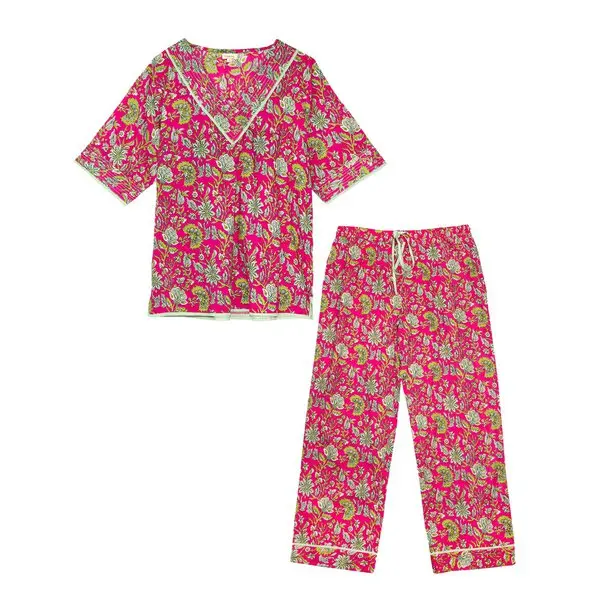 INARA Indian Cotton Floral Printed Pyjamas Fuchsia Freesia - Pink