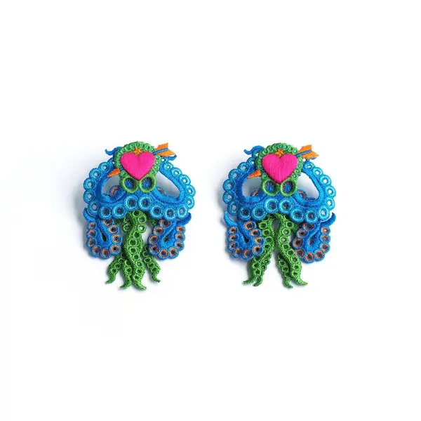 NANA WATANABE Arrow & Octopus Embroidery Earrings - Blue