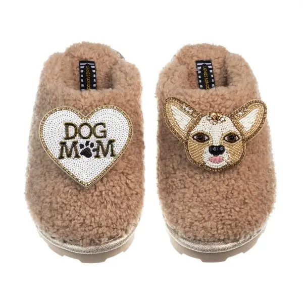 LAINES LONDON Teddy Closed Toe Slippers With Princess Chihuahua & Dog Mum / Mom Brooches Toffee - Brown