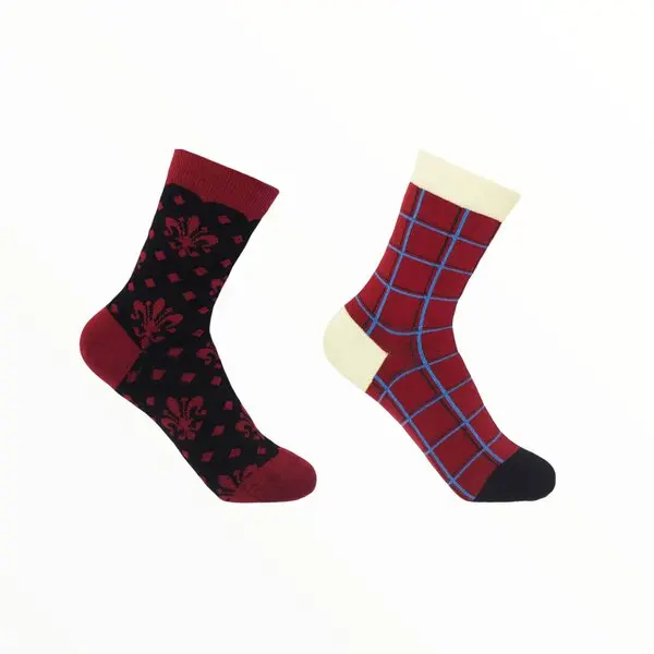 PEPER HAROW - MADE IN ENGLAND Black Fleur De Lis & Burgundy Grid Socks Two Pack - Black/red