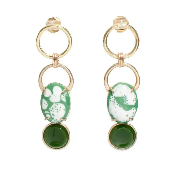 CASTLECLIFF Gold / Green Cairn Earrings – Recycled Brass Statet Earrings With Vintage Seafoam Green Glass Stones - Gold/green