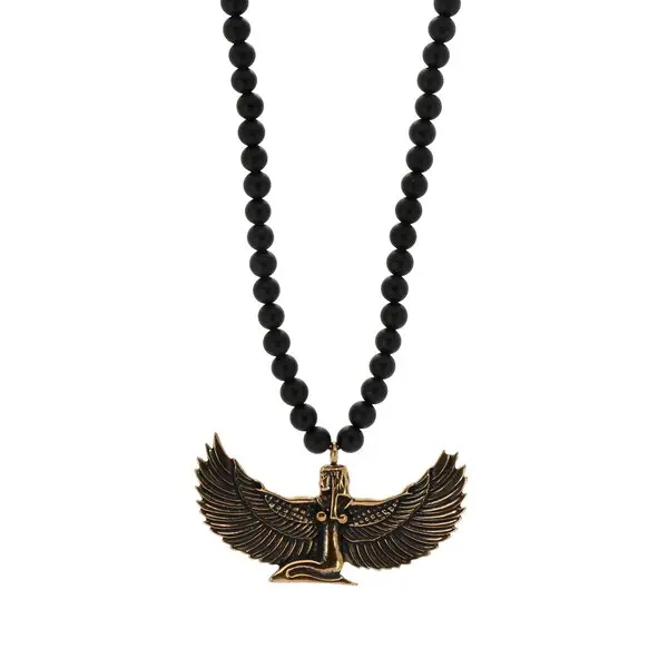 EBRU JEWELRY Black / Brown / Silver Magical Goddess Isis Pendant Onyx Stone Beaded Necklace Black - Black/brown/silver