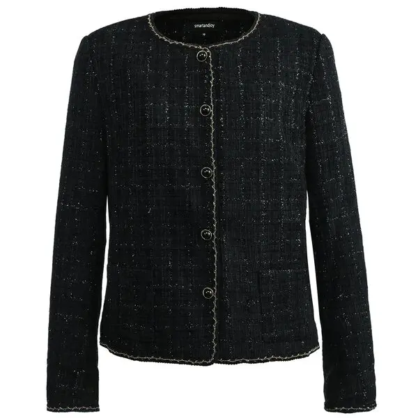 SMART AND JOY Tweed Round Neck Jacket - Black