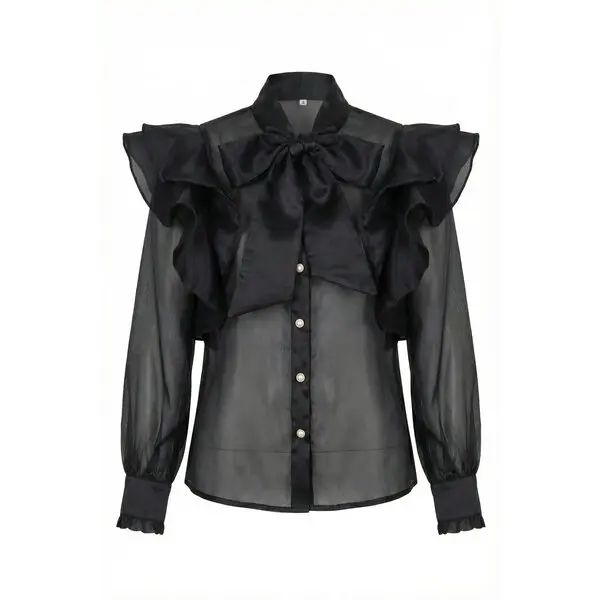 MODENAIRE Sheer Ruffle Blouse With Statet Bow - Black