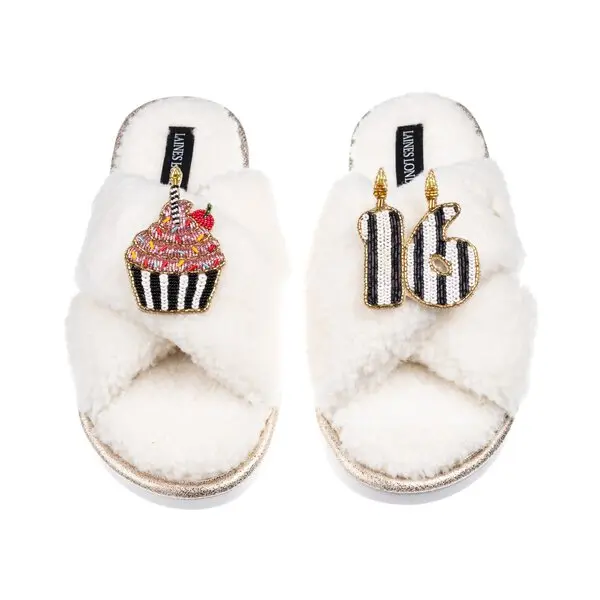LAINES LONDON Neutrals / Laines Neutral Boucle Slippers With Stripe 16th Birthday & Cake Brooches Cream - White