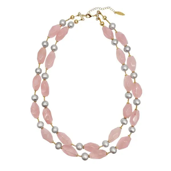 FARRA Rose Quartz And Gray Freshwater Pearls Double Layers Necklace