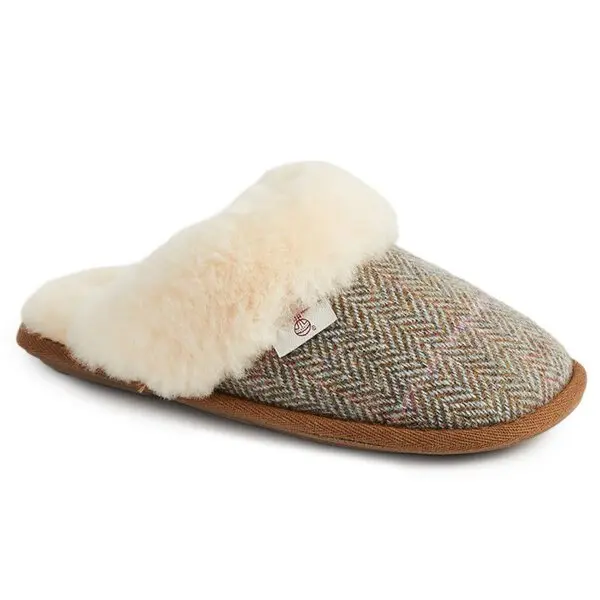 BEDROOM ATHLETICS Neutrals / Kate Harris Tweed Sheepskin Lined Mule Slippers Oat / Pink Pow Check - Brown