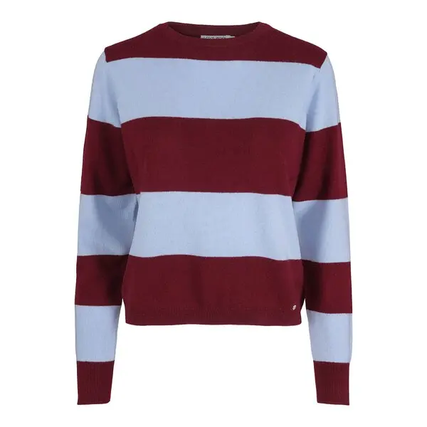 TIRILLM Sasha Basic Cashmere Pullover With Round Neck, Deep Burgundy With Light Stripes - Blue