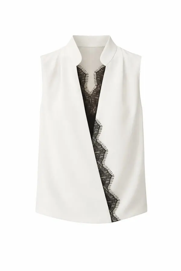 EXQUISE Neutrals Regular Lace Trim Sleeveless Brenda Blouse Ecru - Beige