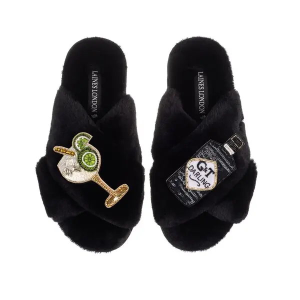 LAINES LONDON Embellished Faux Fur Cross Strap Slippers With Botanical Gin & Glass Brooches - Black