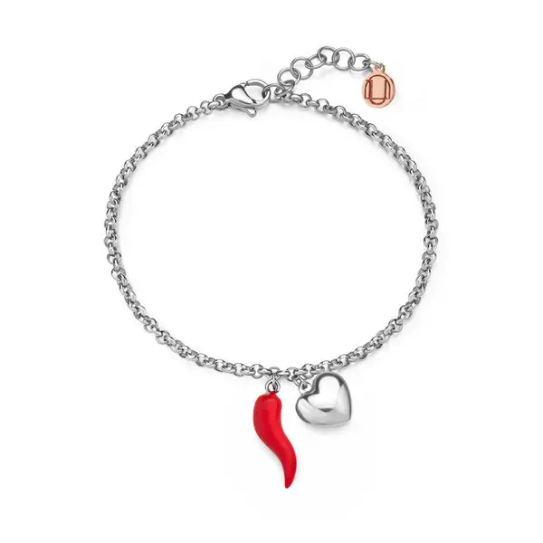 UNALOE Silver / Red Red Enamel Cornicello & Heart Charm Bracelet In Sterling Silver – Handmade Italian Good Luck Jewelry - Silver/red