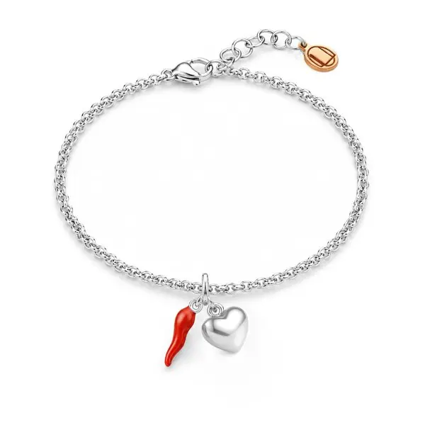 UNALOE Silver / Red Red Enamel Cornicello & Heart Charm Bracelet In Sterling Silver – Handmade Italian Good Luck Jewelry - Silver/red