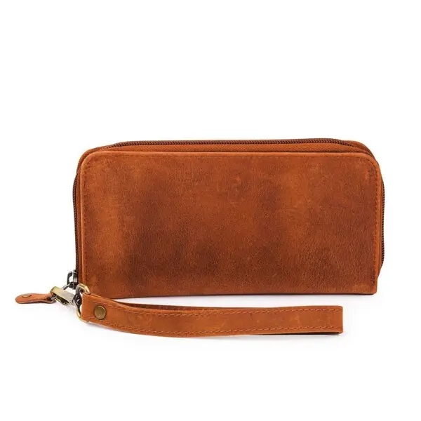 HIDES LEATHER CO. Handmade Leather Zip Wallet, Iridescent Midi Travel Organizer - Brown