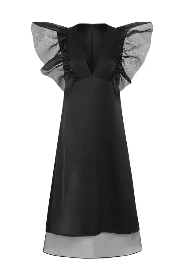 LENDROP STUDIOS Ambretta Frill Shoulders Midi Dress - Black