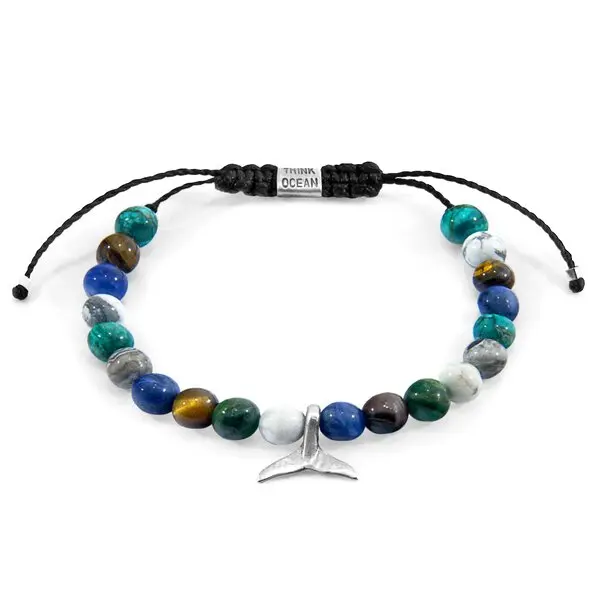 ANCHOR & CREW Multicoloured Multi-gem Think Ocean Mini Whale Silver & Stone Macrame Bracelet - Gray