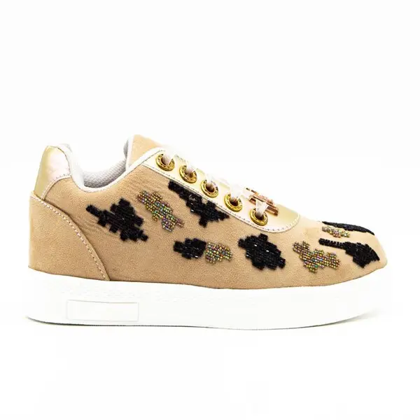 RETTROSE Neutrals Madalyn Luxury Suede Handmade Embellished Tennis Shoe - Beige