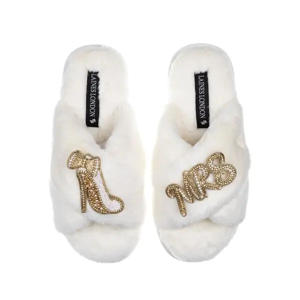 LAINES LONDON Classic Laines Slippers With Wedding Heel & Mrs Brooches Cream - White